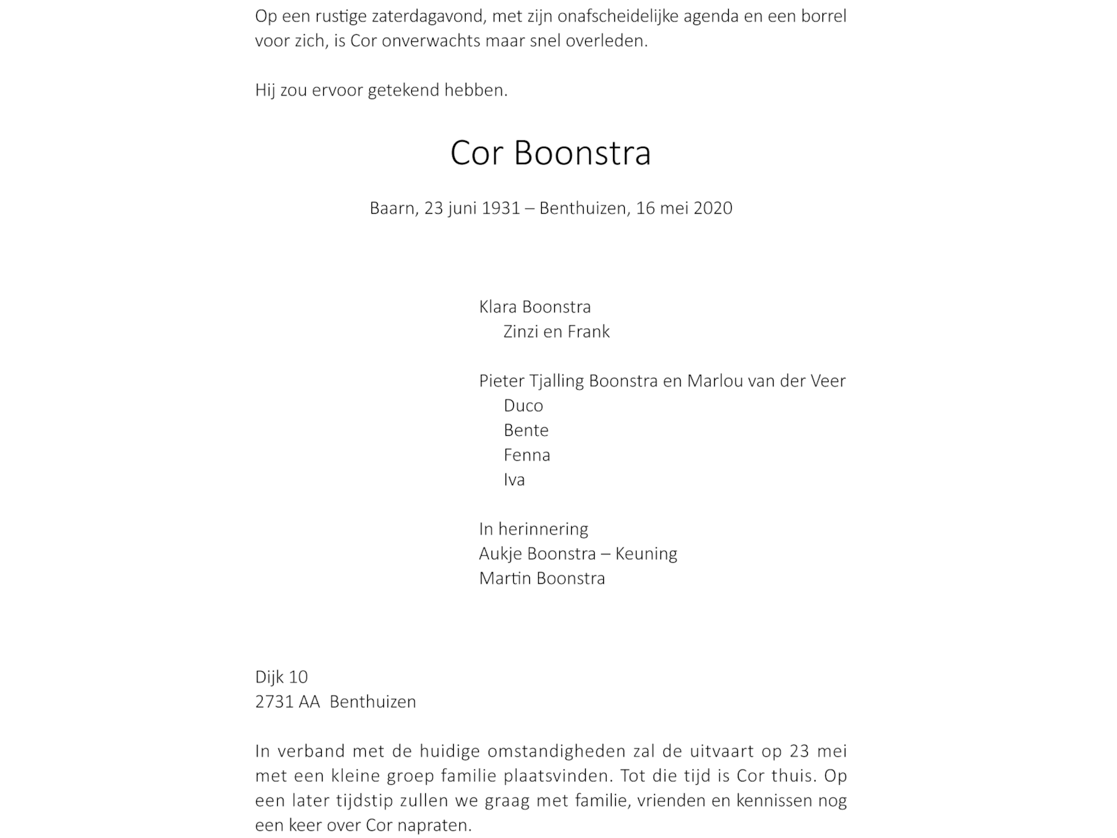 Cor Boonstra is overleden - KJMV